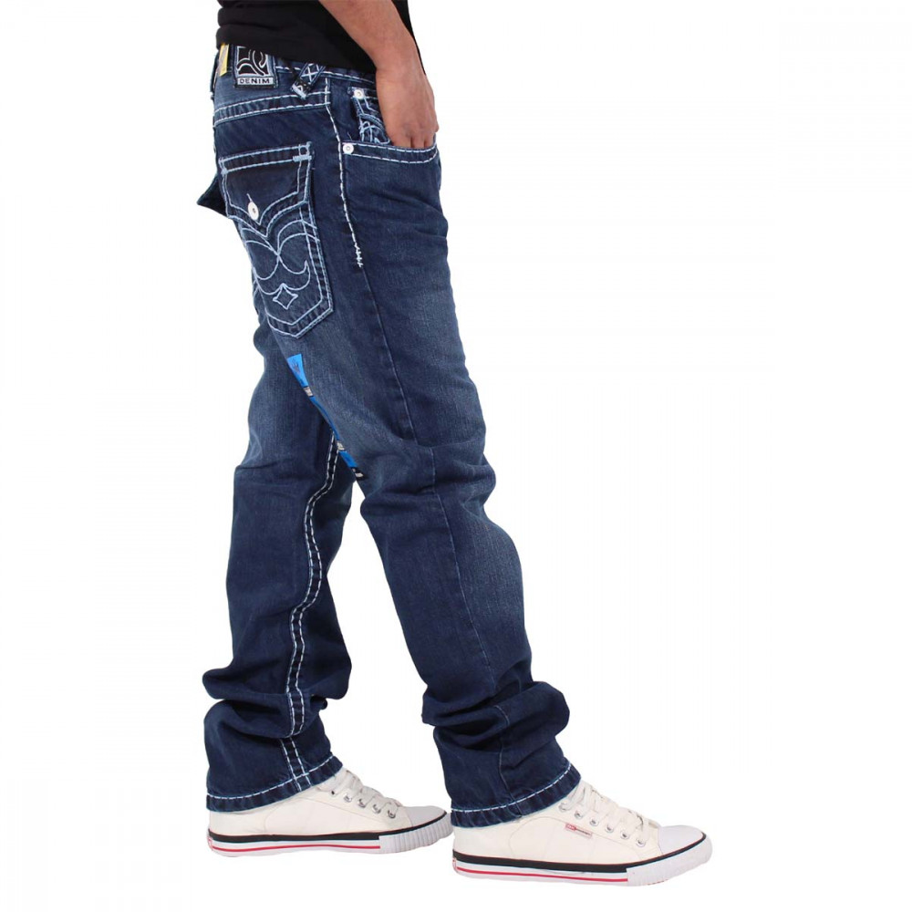 Peviani Men's Dark Wash Blue Thick Ricky Stitch Lawrence Denim Jeans