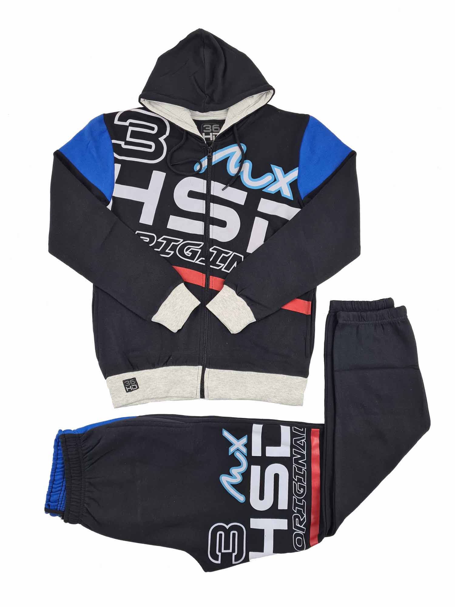 360 Degrees Men's Black Jayden Graphic Print Cotton Zip Up Tracksuit