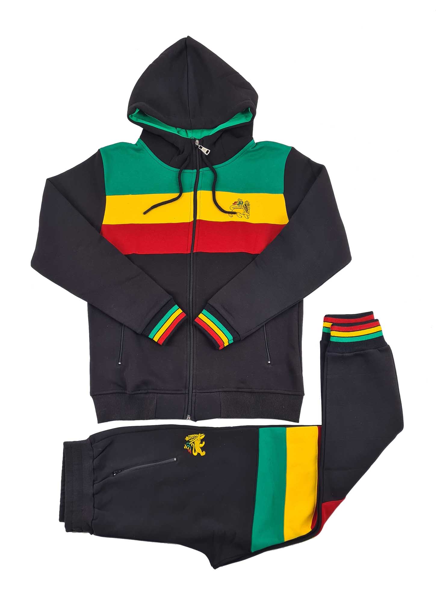 Time Is Money Men's Black Urban Designer Rasta Lion Stripe Fleece Tracksuit